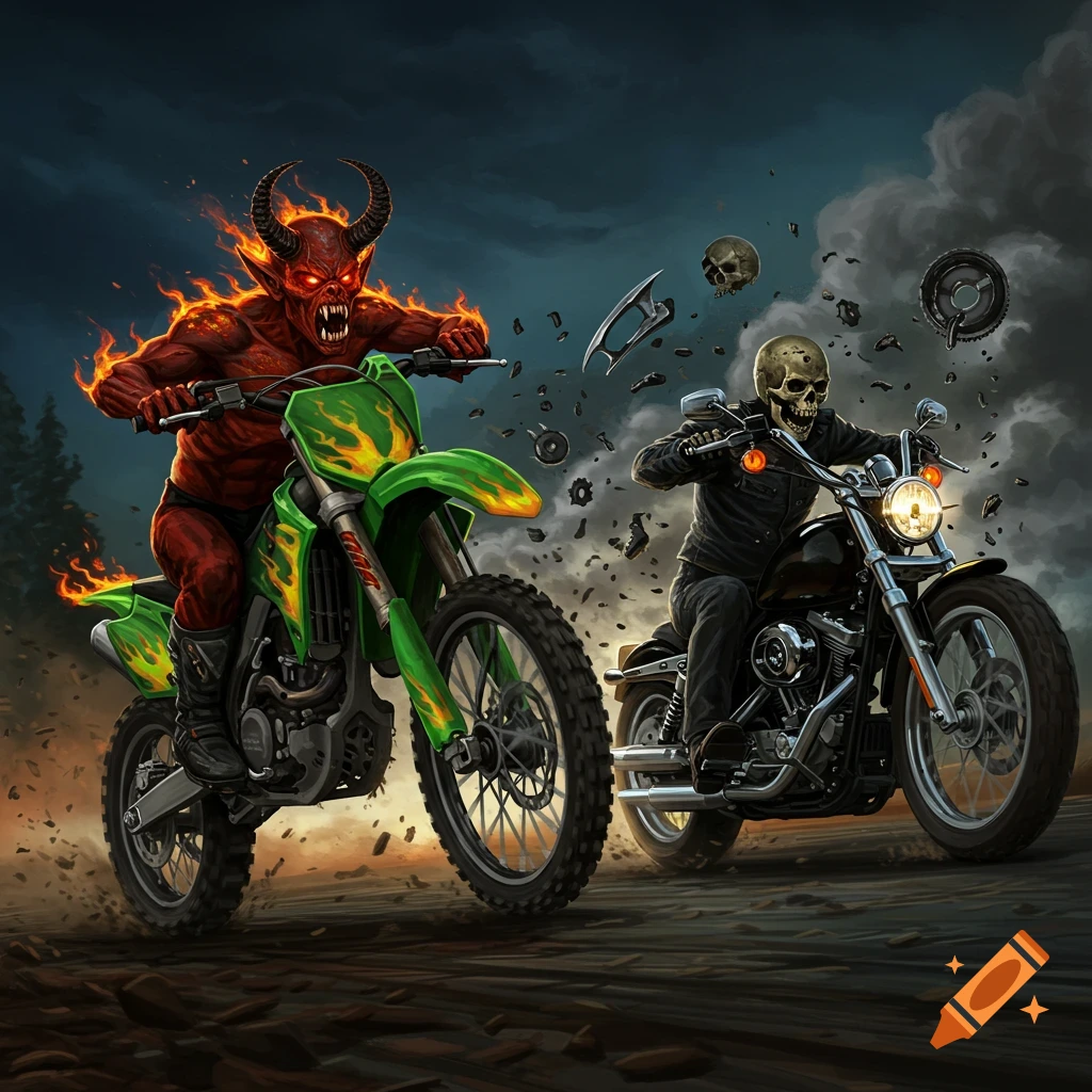 A red demon on a flaming green dirt bike chases a skeleton on a black ...