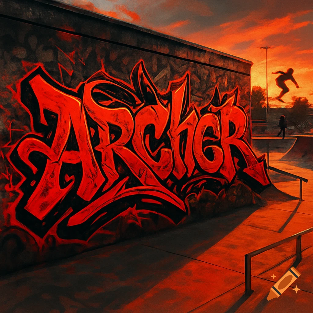 Red and black graffiti spelling 'ARCHER' on a wall in a skate park with ...