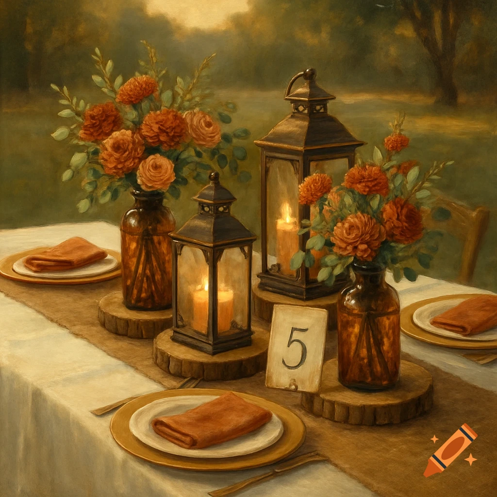 Rustic wedding centerpiece on a table with a white cloth, burlap runner ...