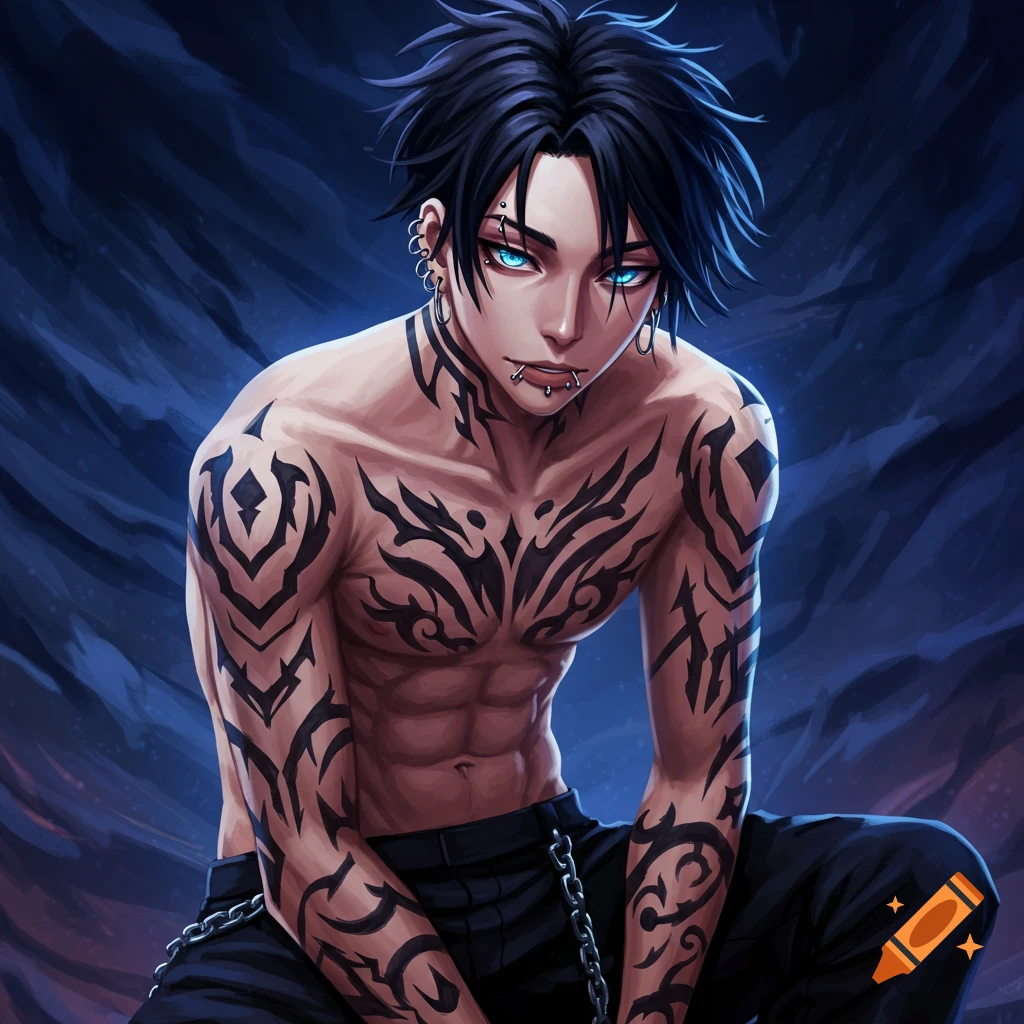Anime male character, shirtless with black hair, glowing blue eyes ...