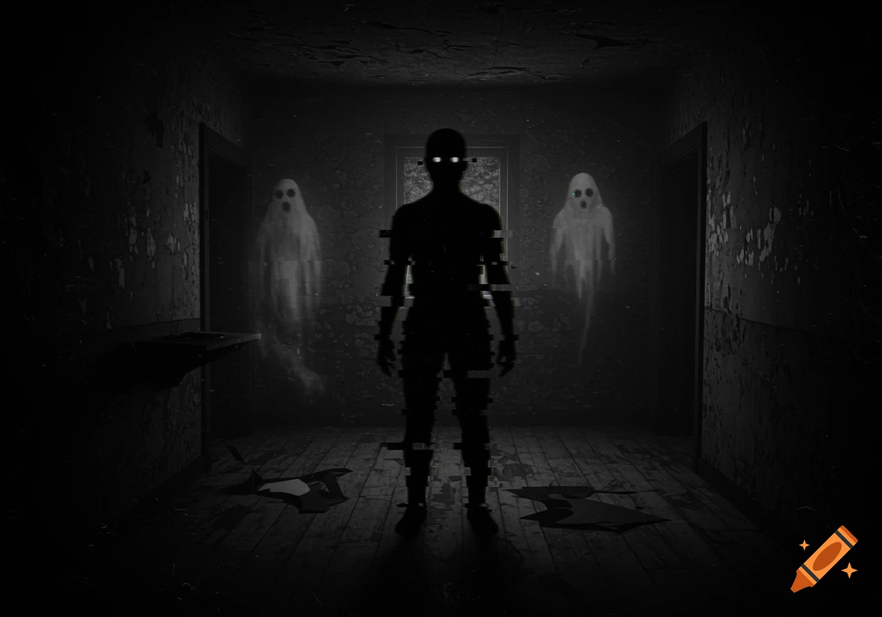 A shadowy, glitching figure with glowing eyes stands in a dark ...