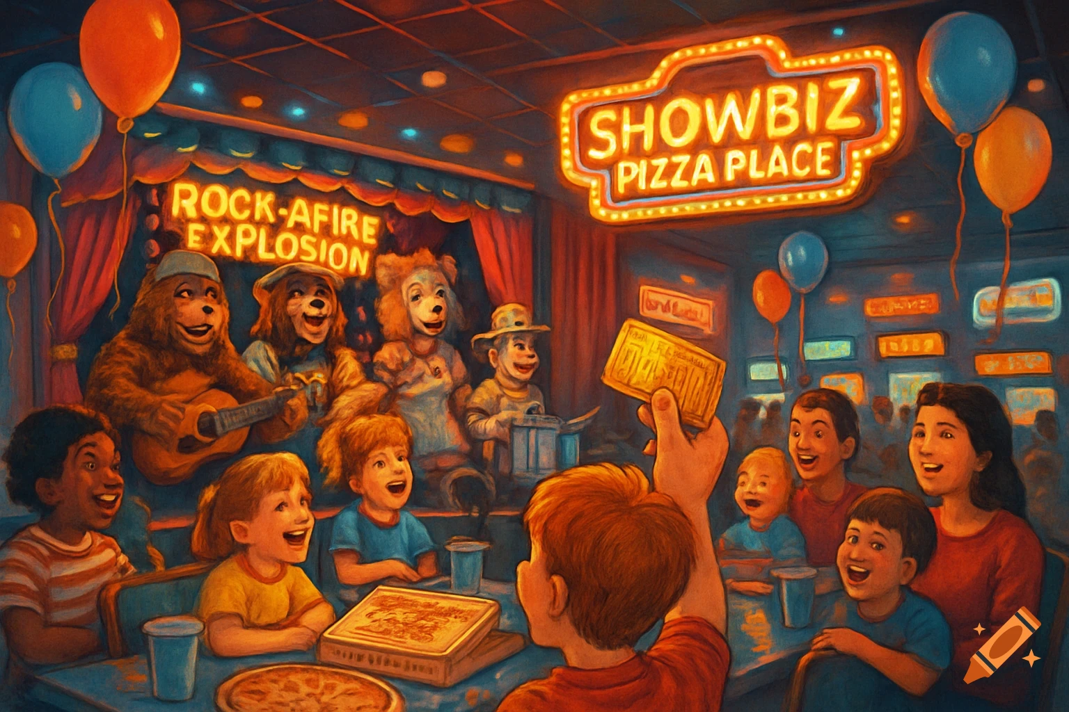 Children watch an animatronic band on stage at Showbiz Pizza Place ...