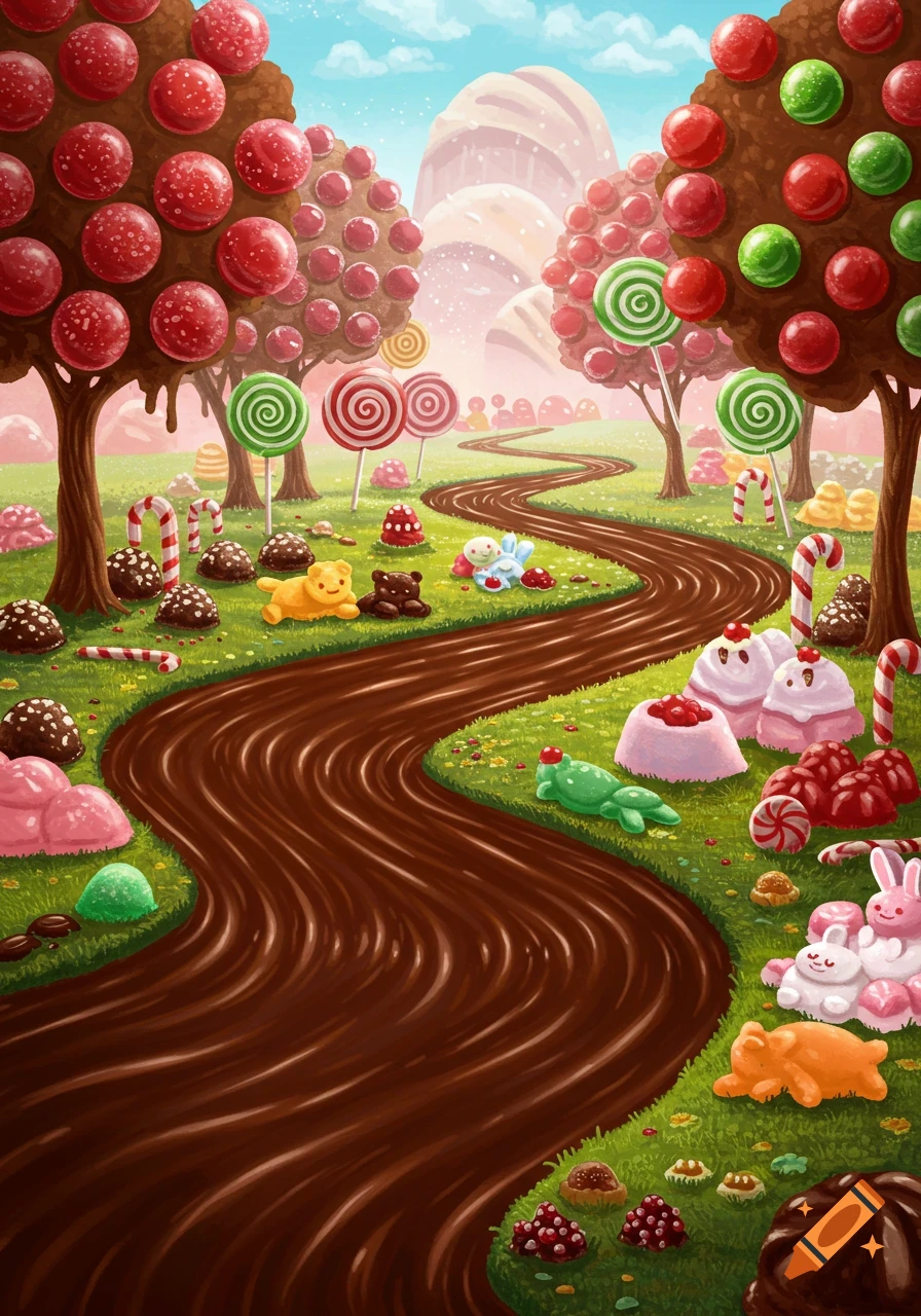 A vibrant, colorful illustration of a whimsical candy land with a chocolate river, candy trees ...