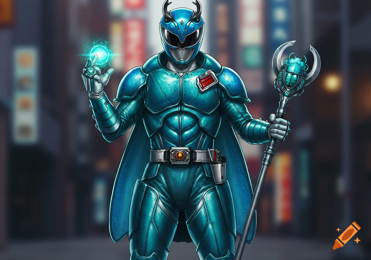 An aqua Power Ranger with beetle-themed armor and helmet, holding a ...