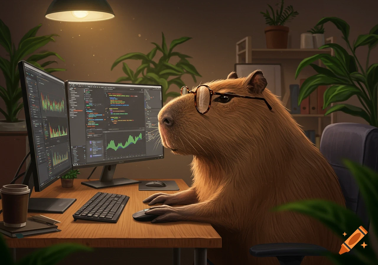 A furry capybara sits in an armchair at a desk, typing on a computer ...