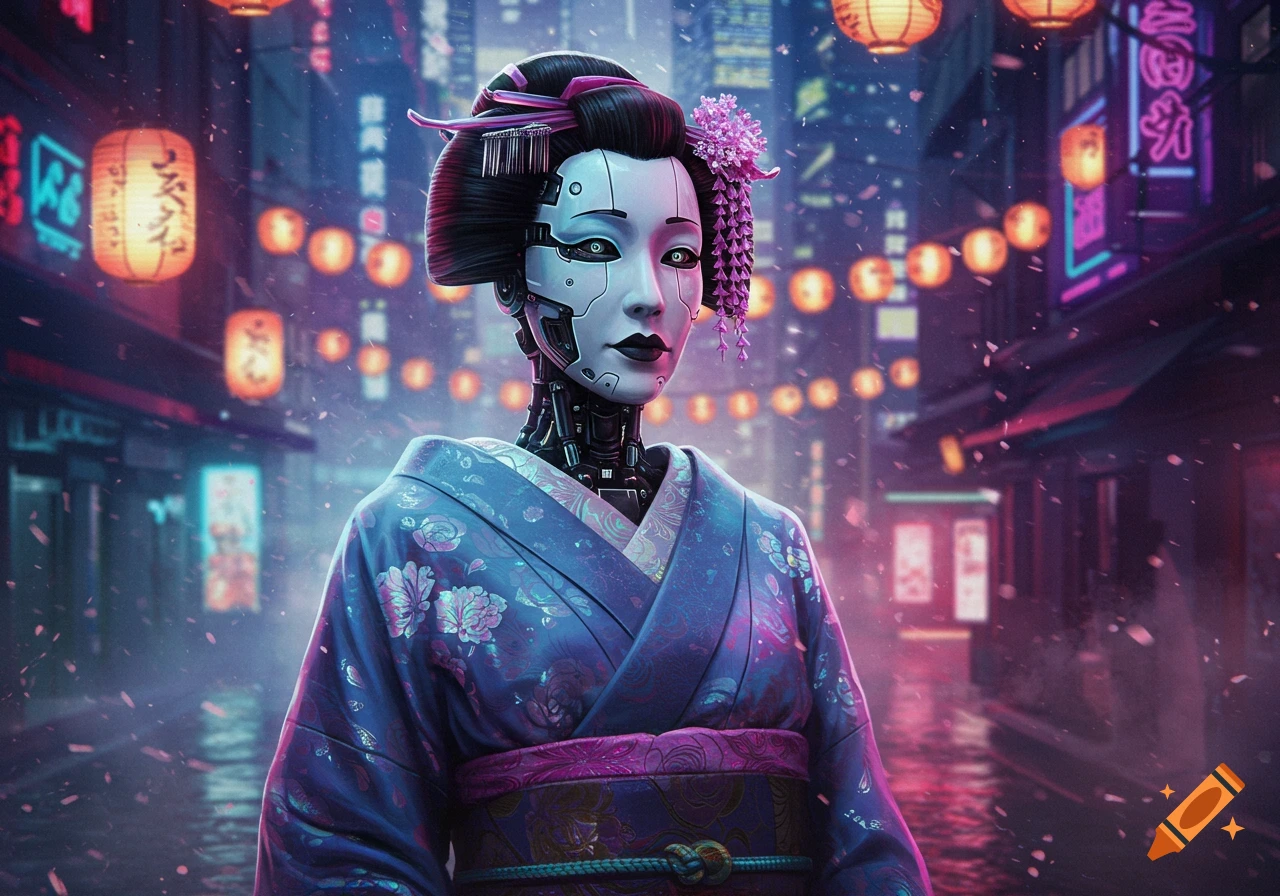 A futuristic robot geisha with a delicate headdress stands in a neon ...
