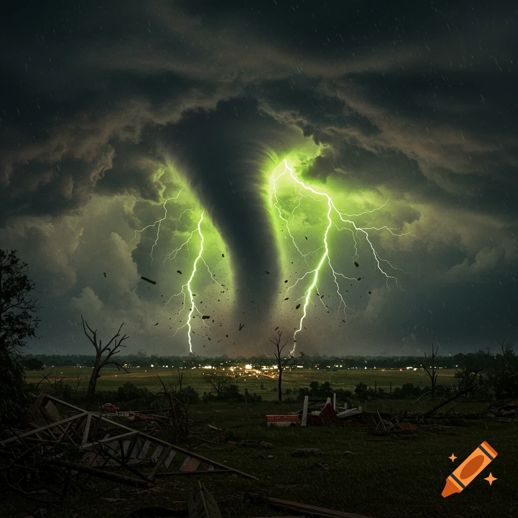 A powerful tornado with bright green lightning tears through a ...