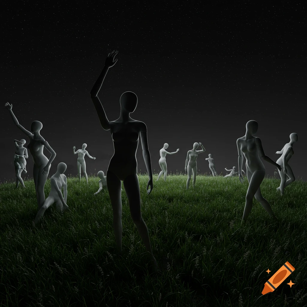 Numerous featureless mannequins stand and pose in a dark, moonless grassy field at night under a ...