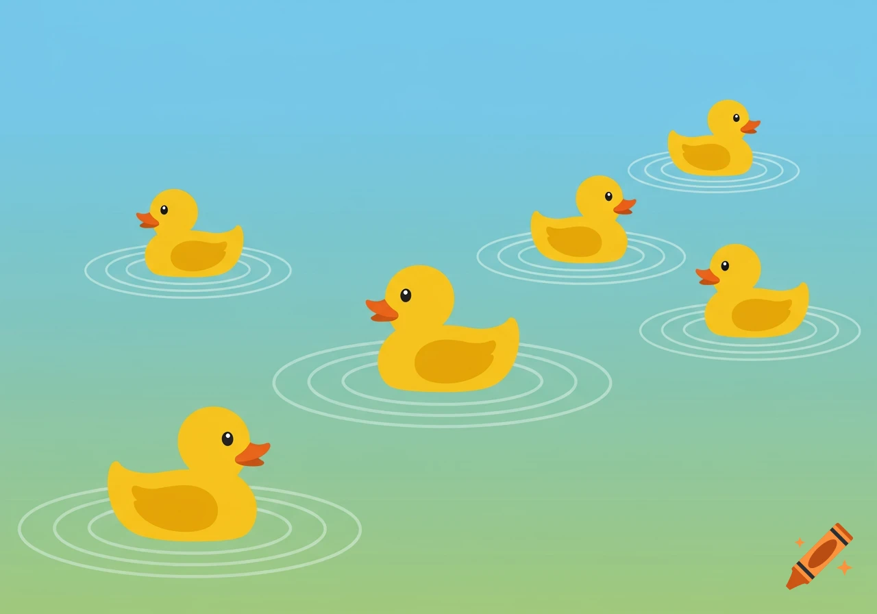 Six yellow rubber ducks float on blue-green water with ripples in a ...