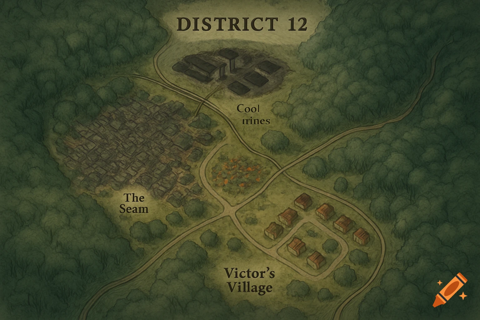 A hand-drawn map of Camp Green Lake showing tents, cabins, a lake, and ...