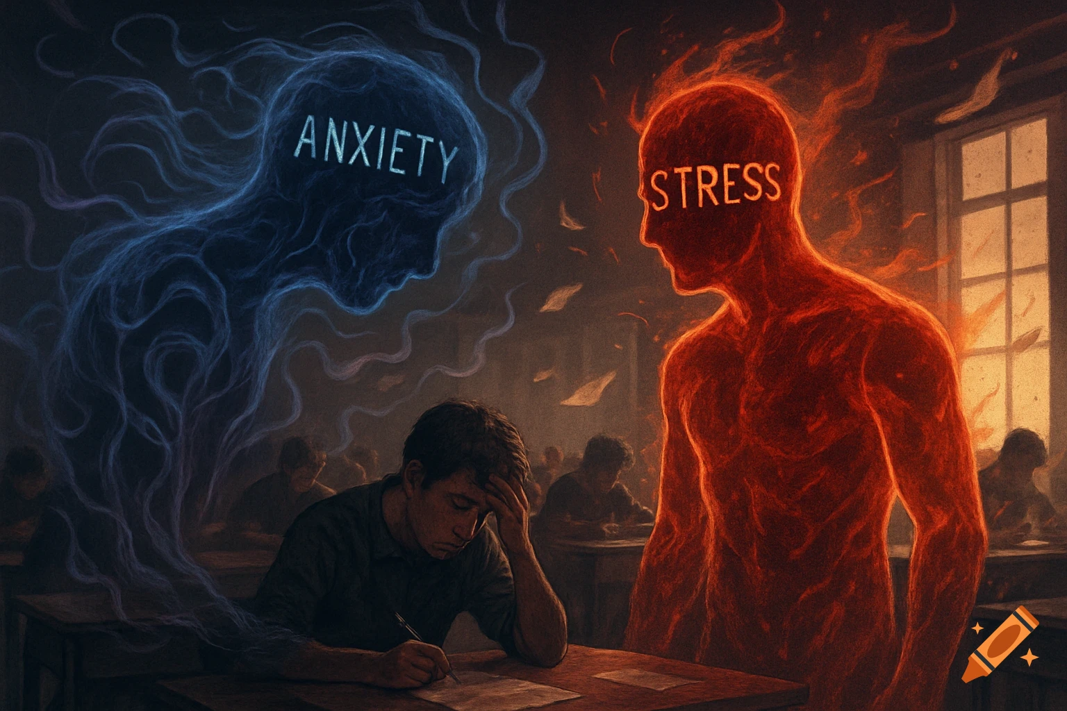 Illustration of a student taking an exam, with glowing blue 'ANXIETY ...