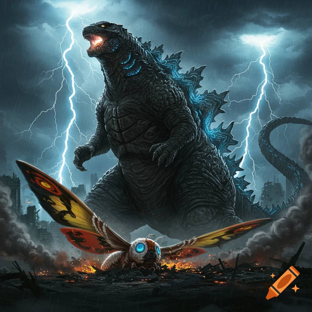 A giant Godzilla with glowing blue spines roars amidst a lightning storm, towering over a ...