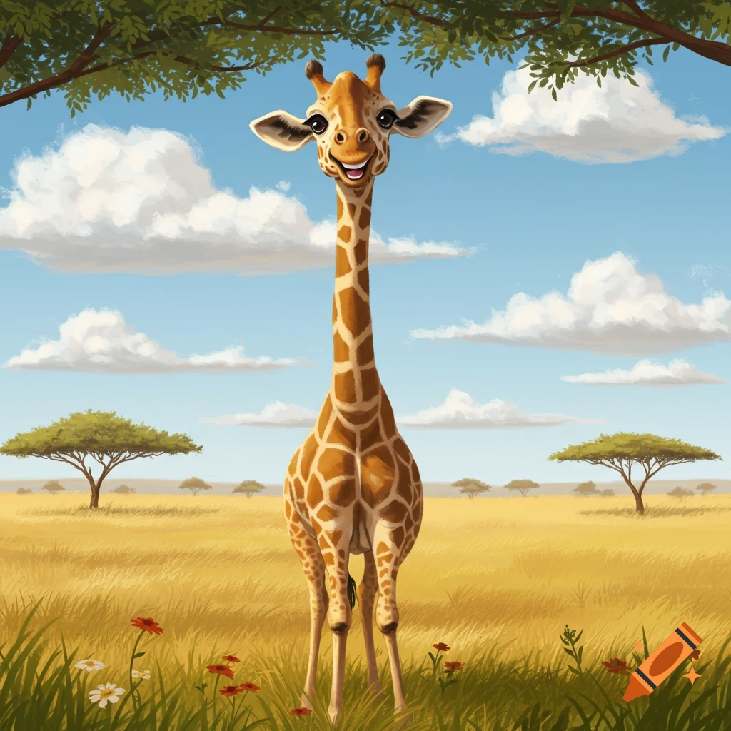 A cute, chubby cartoon giraffe stands in a sunny savanna under a blue ...