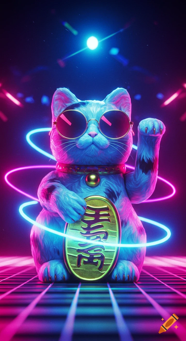 A royal blue lucky cat with green eyes raises a paw and holds a gold ...