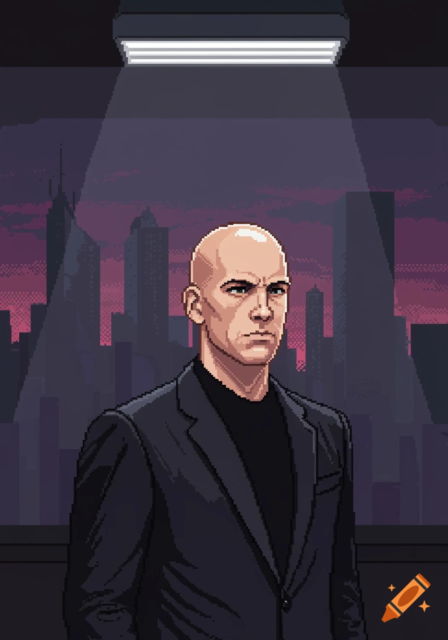 Pixel art portrait of a bald man in a black suit standing before a city ...