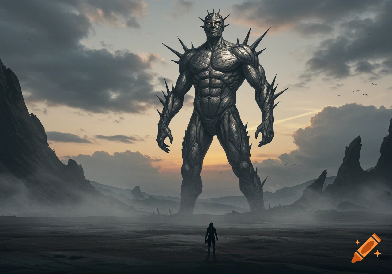 A tall, muscular, purple-skinned man with long black hair stands in a ...