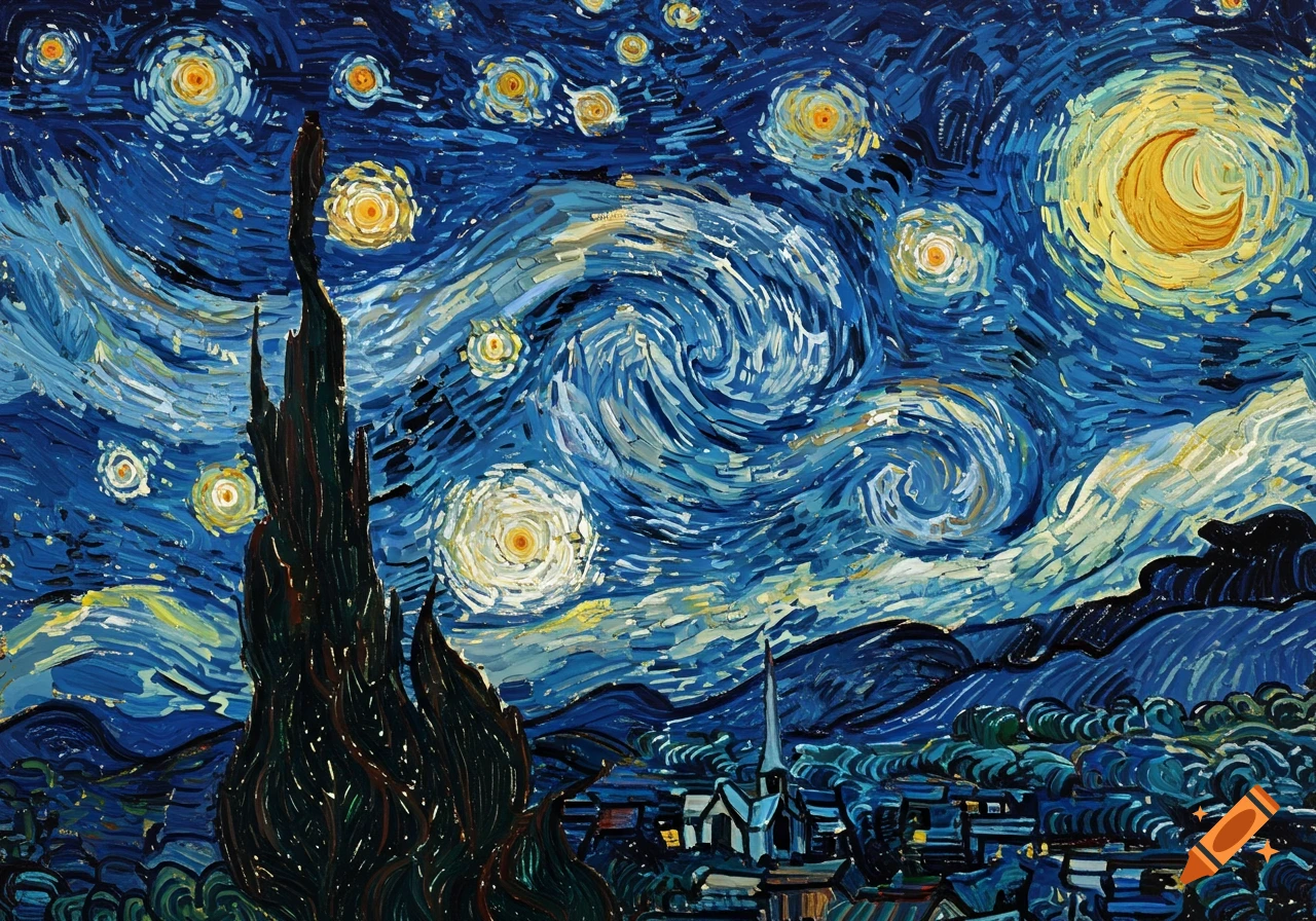 Van Gogh's Starry Night painting, with a dark cypress, a village, and a ...
