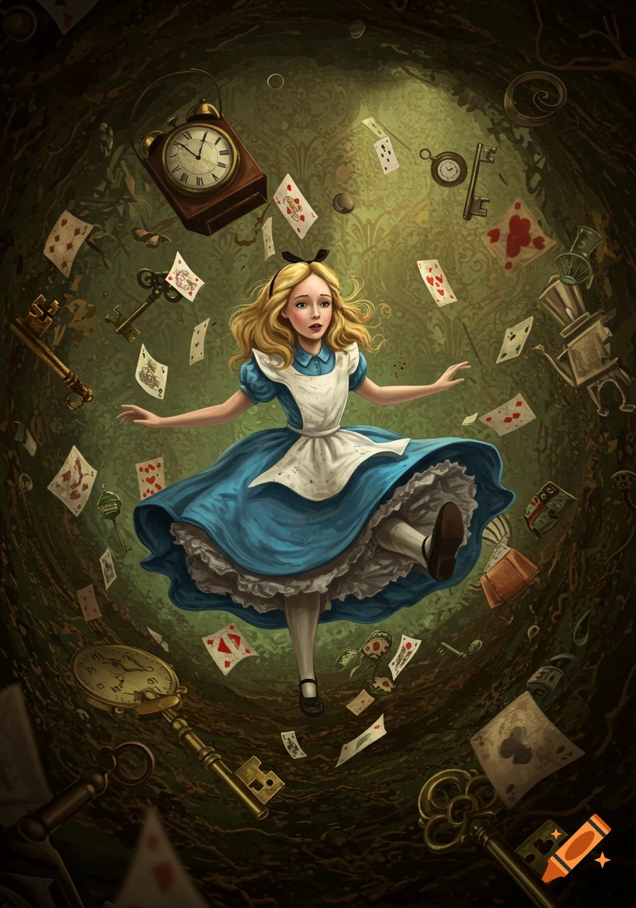 Cartoon illustration of Alice in Wonderland standing on a giant ...