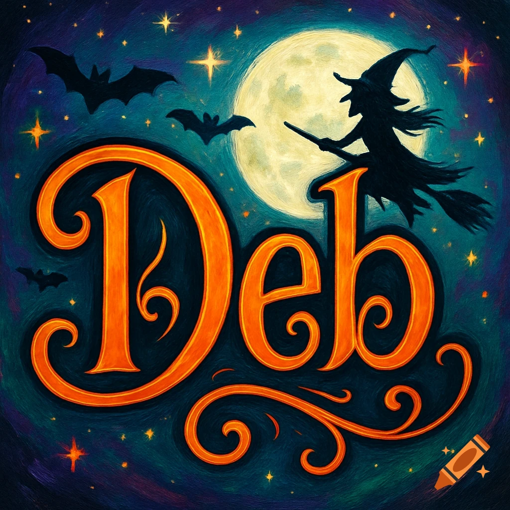 Stylized orange text 'Deb' with a silhouetted witch on a broomstick ...