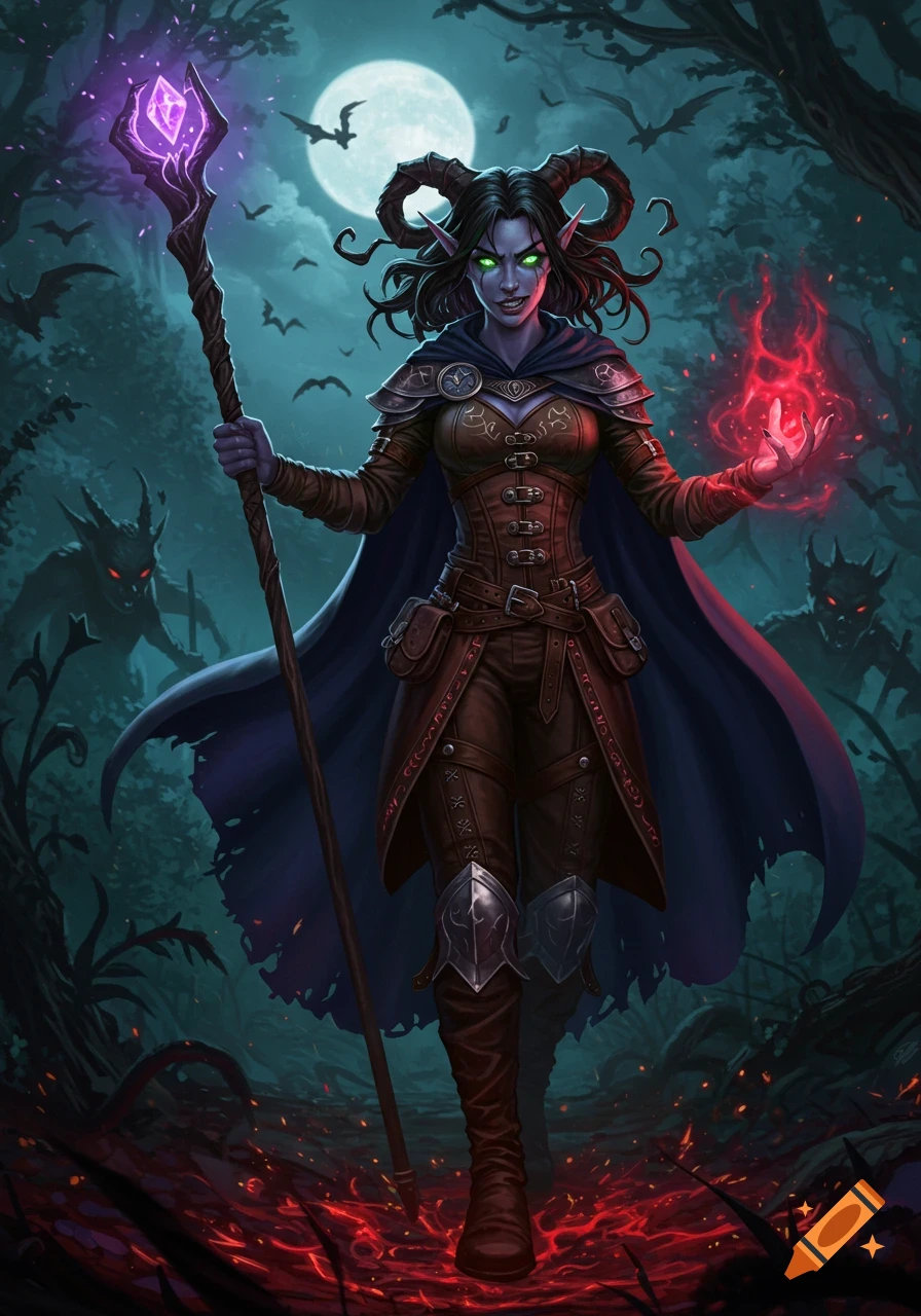A female demon sorceress with horns and glowing eyes holds a staff and ...