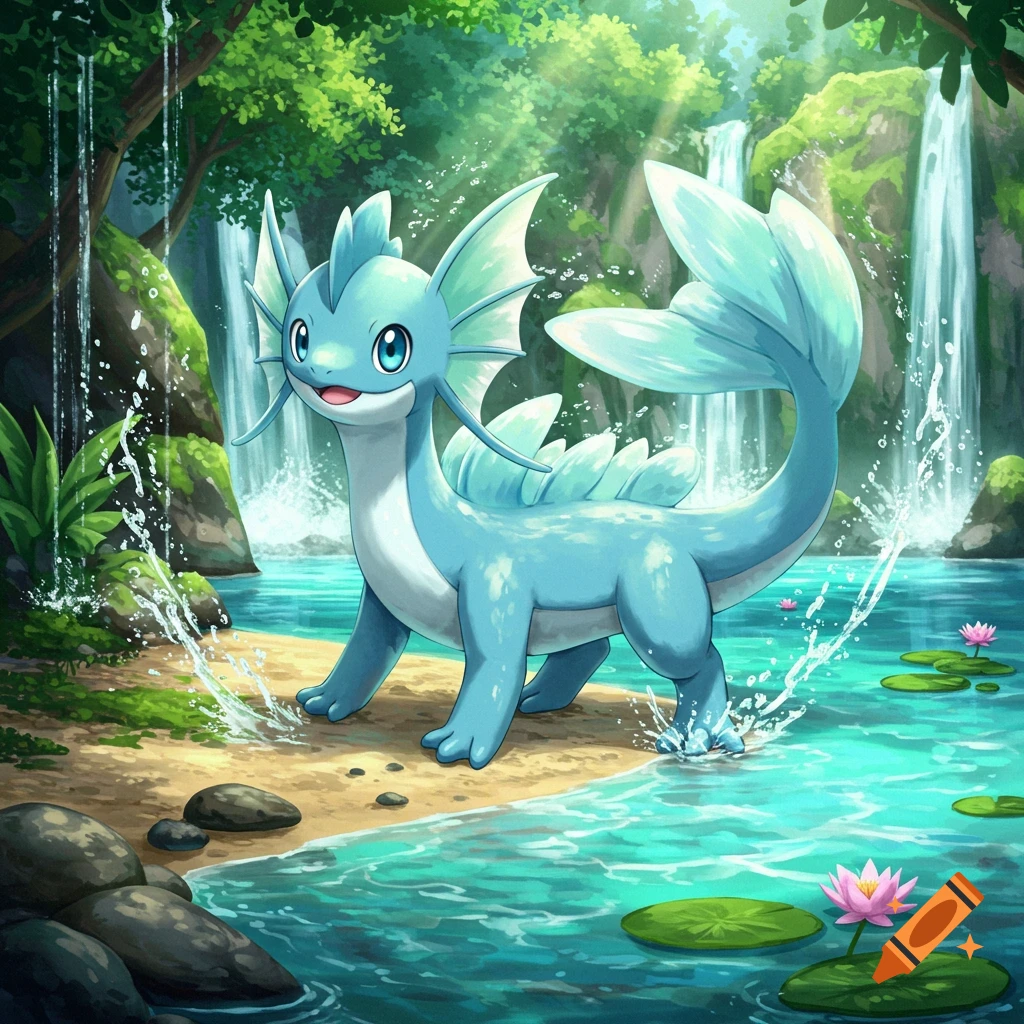 Three colorful elemental creatures, resembling Pok mon starters, stand ...