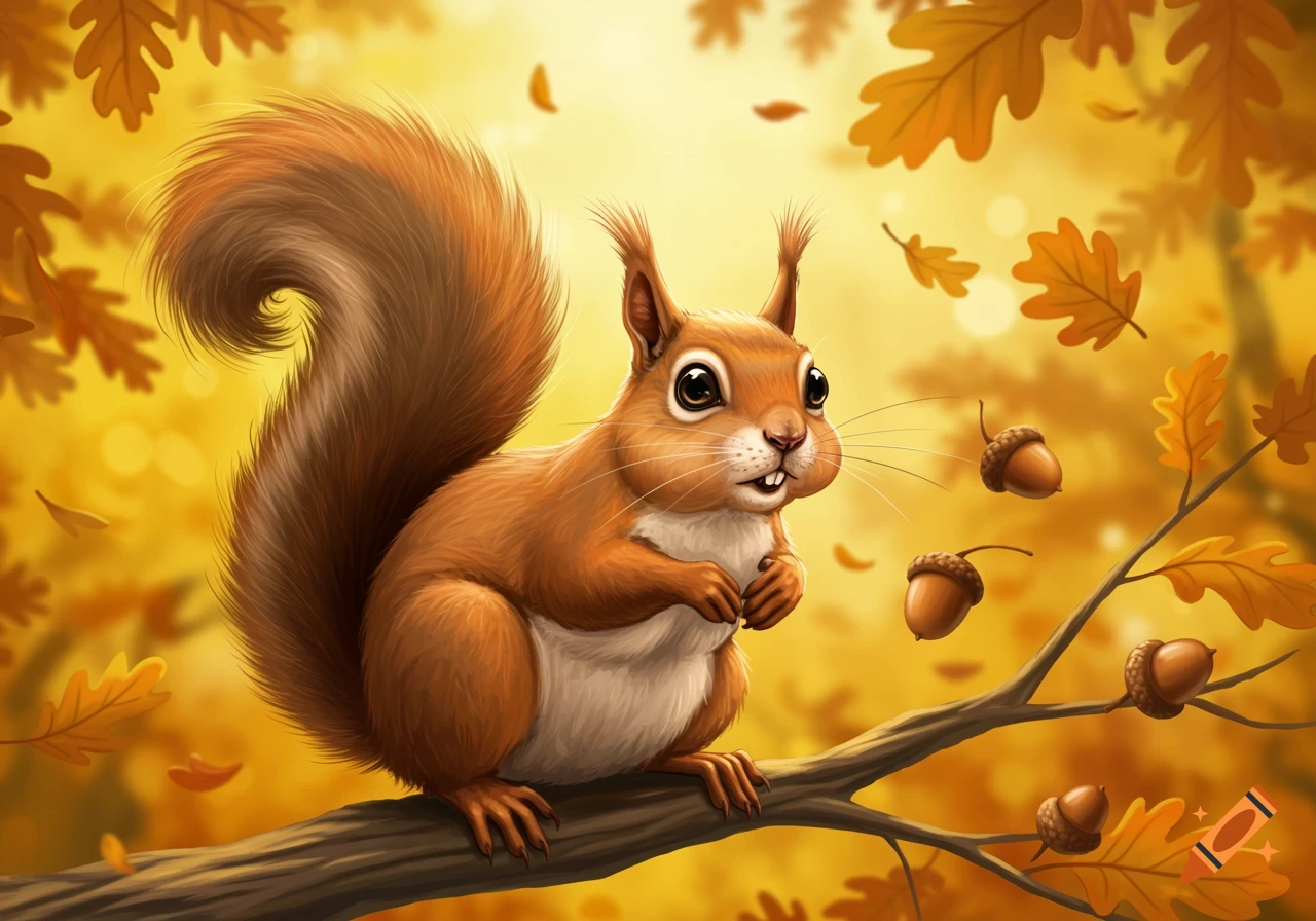 Photorealistic squirrel in an autumn forest with glowing dust ...