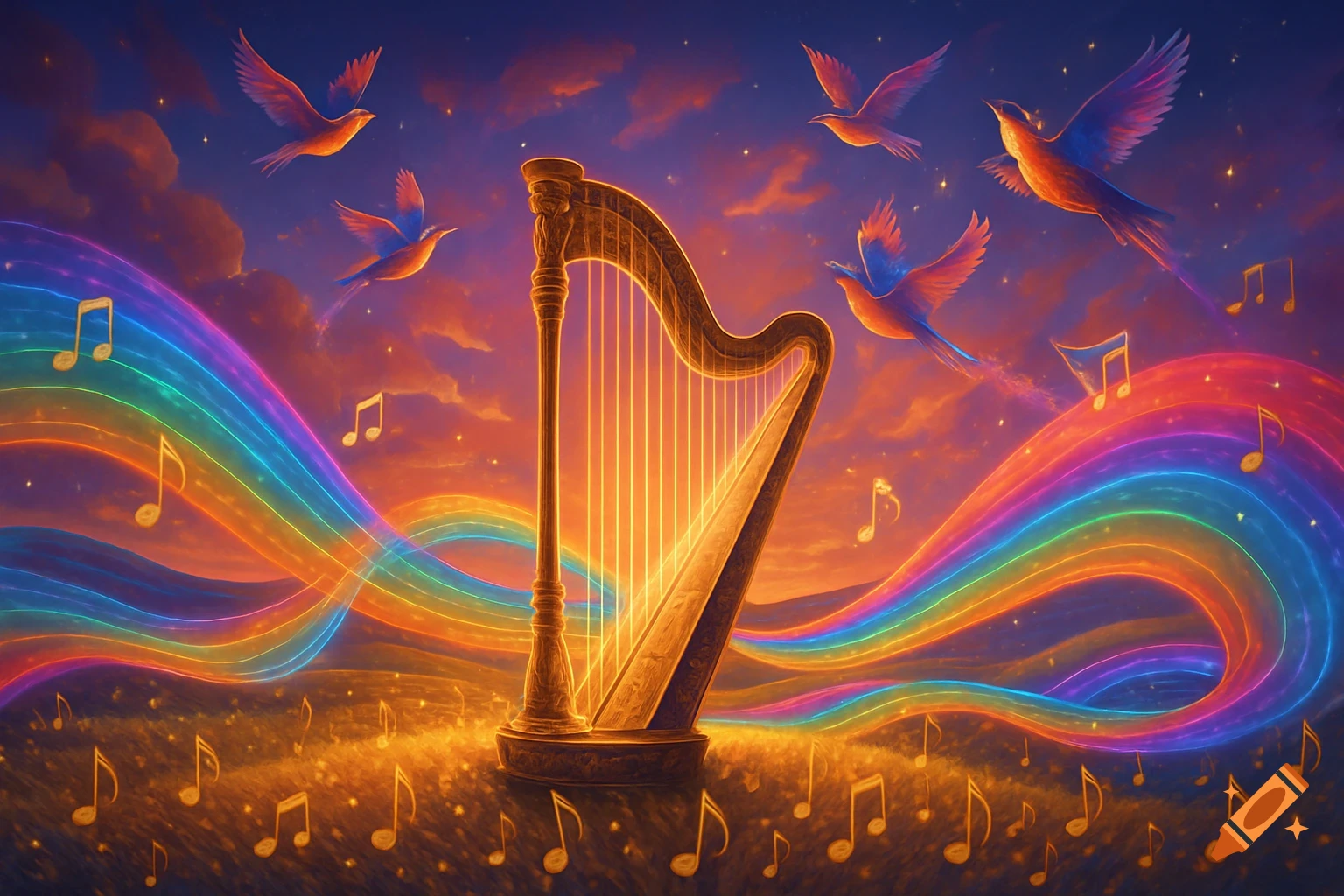 Glowing golden musical eighth note surrounded by smaller blue and gold ...