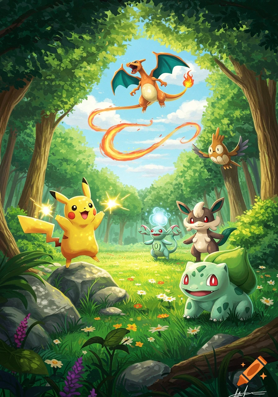 Pikachu, Bulbasaur, Charmander, Squirtle, and other Pokémon characters ...