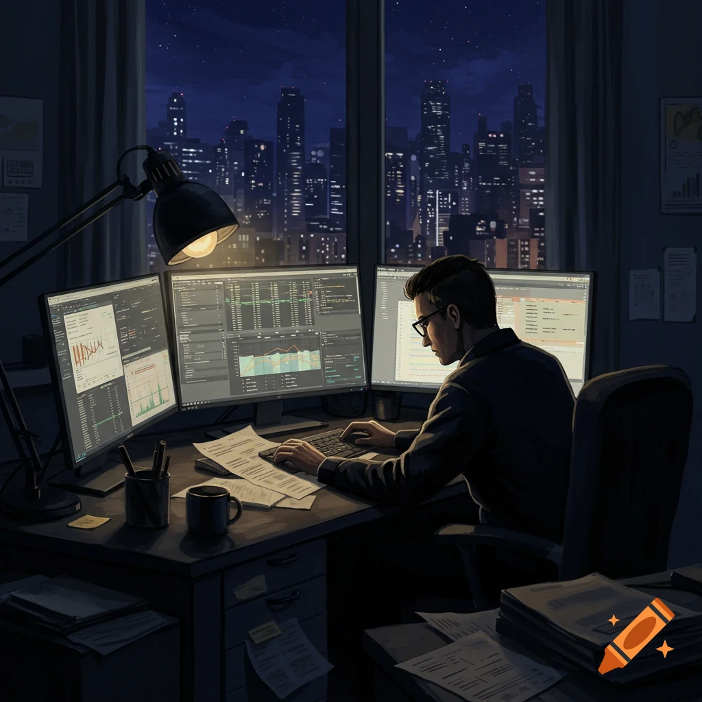 An older man with white hair and glasses works on multiple glowing computer screens at night, a ...