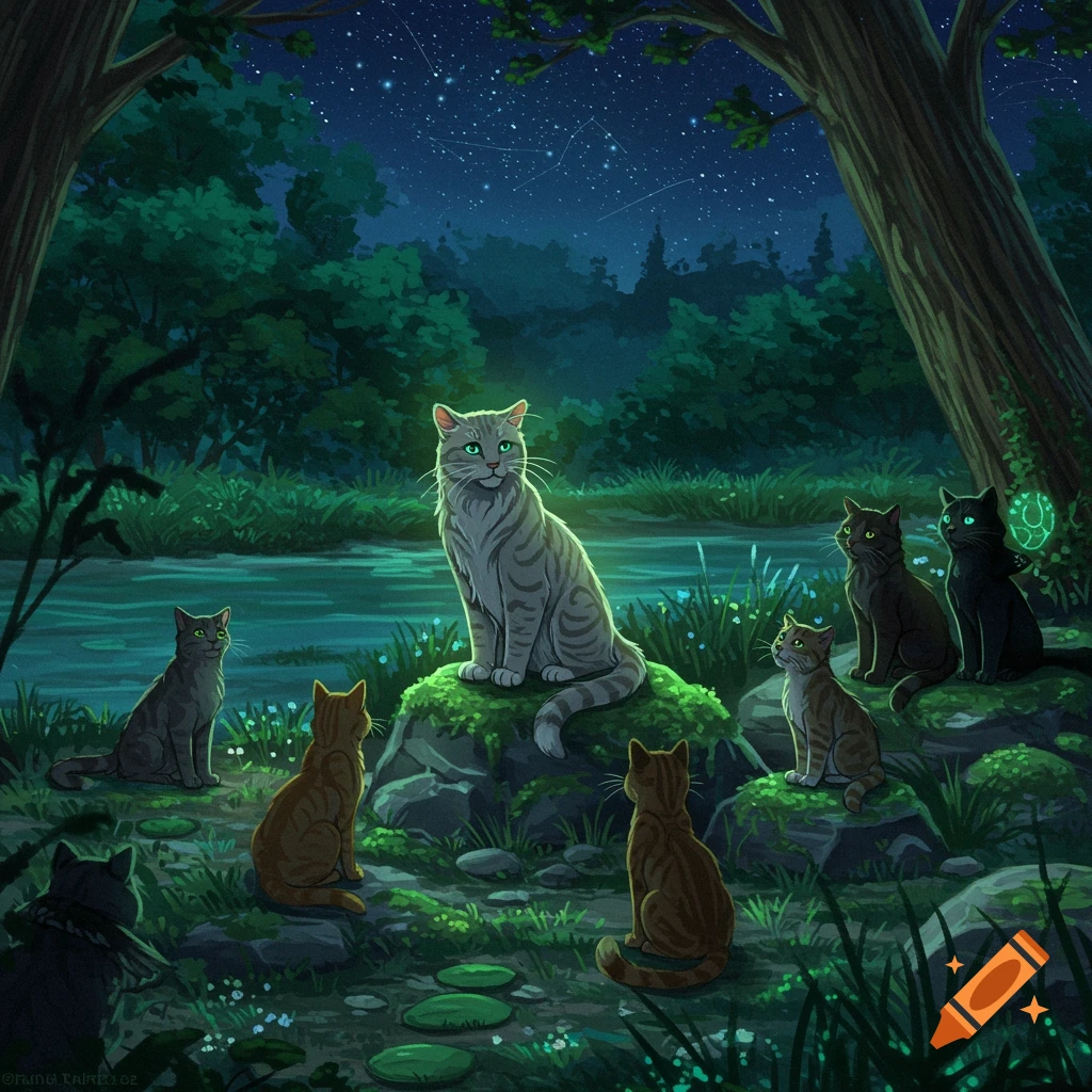 An illustration of a large tabby cat on a mossy rock by a river at ...