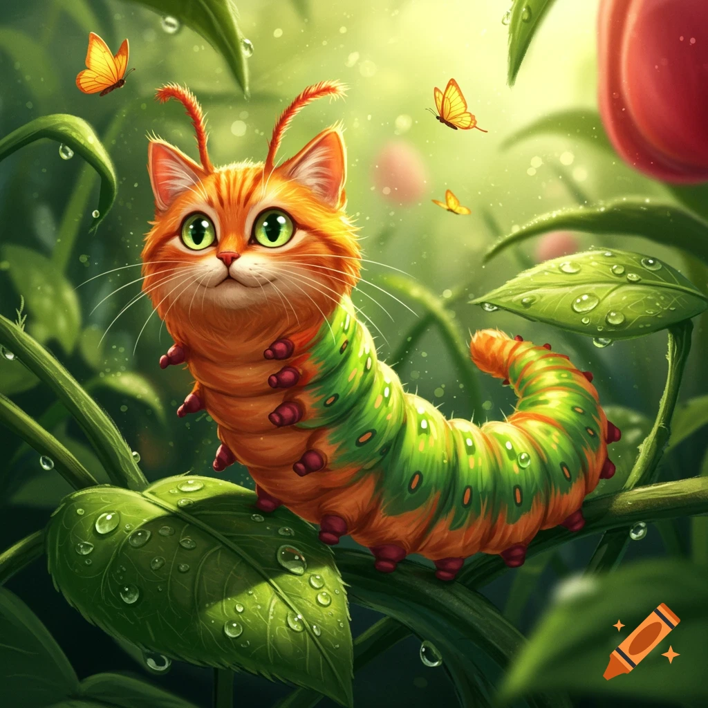 A whimsical green caterpillar with a cat head and bright blue eyes sits ...