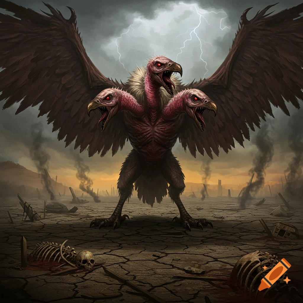 A terrifying three-headed vulture demon with large wings stands in a ...