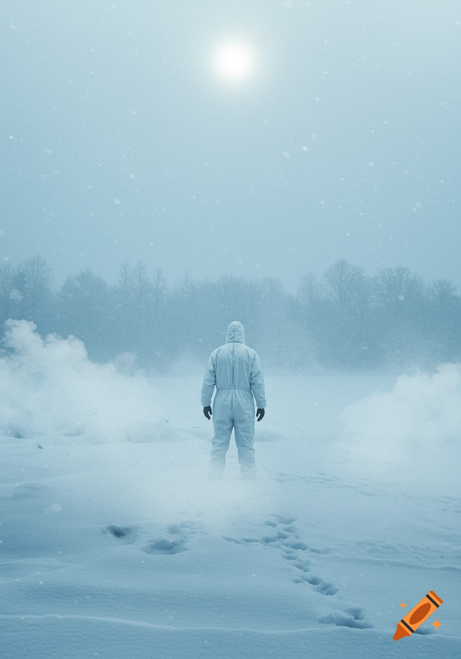A person in a white hazmat suit stands in a vast, foggy snowy landscape under a bright sun. on ...