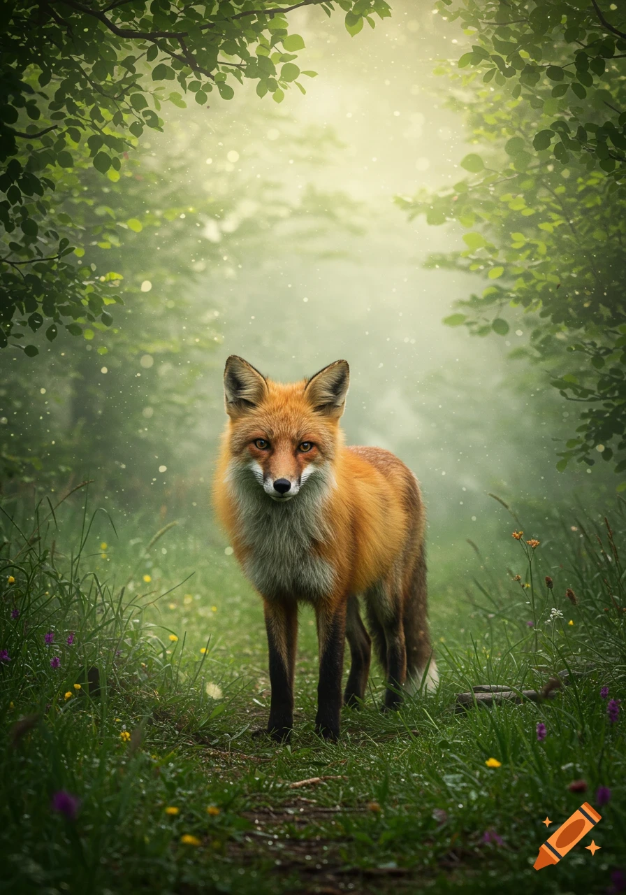 A vibrant red fox walks on a path covered in autumn leaves in a sunlit ...