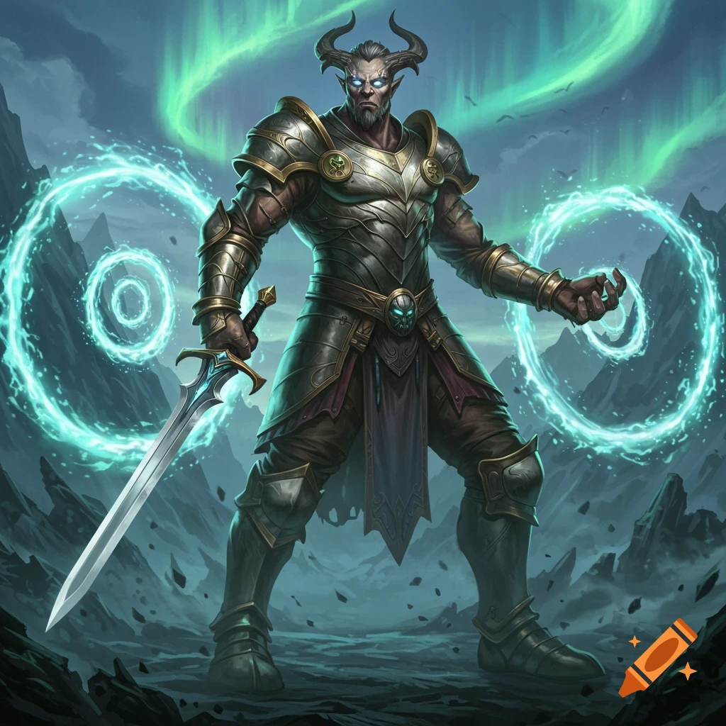 A muscular, grey-skinned horned warrior in ornate armor with glowing ...