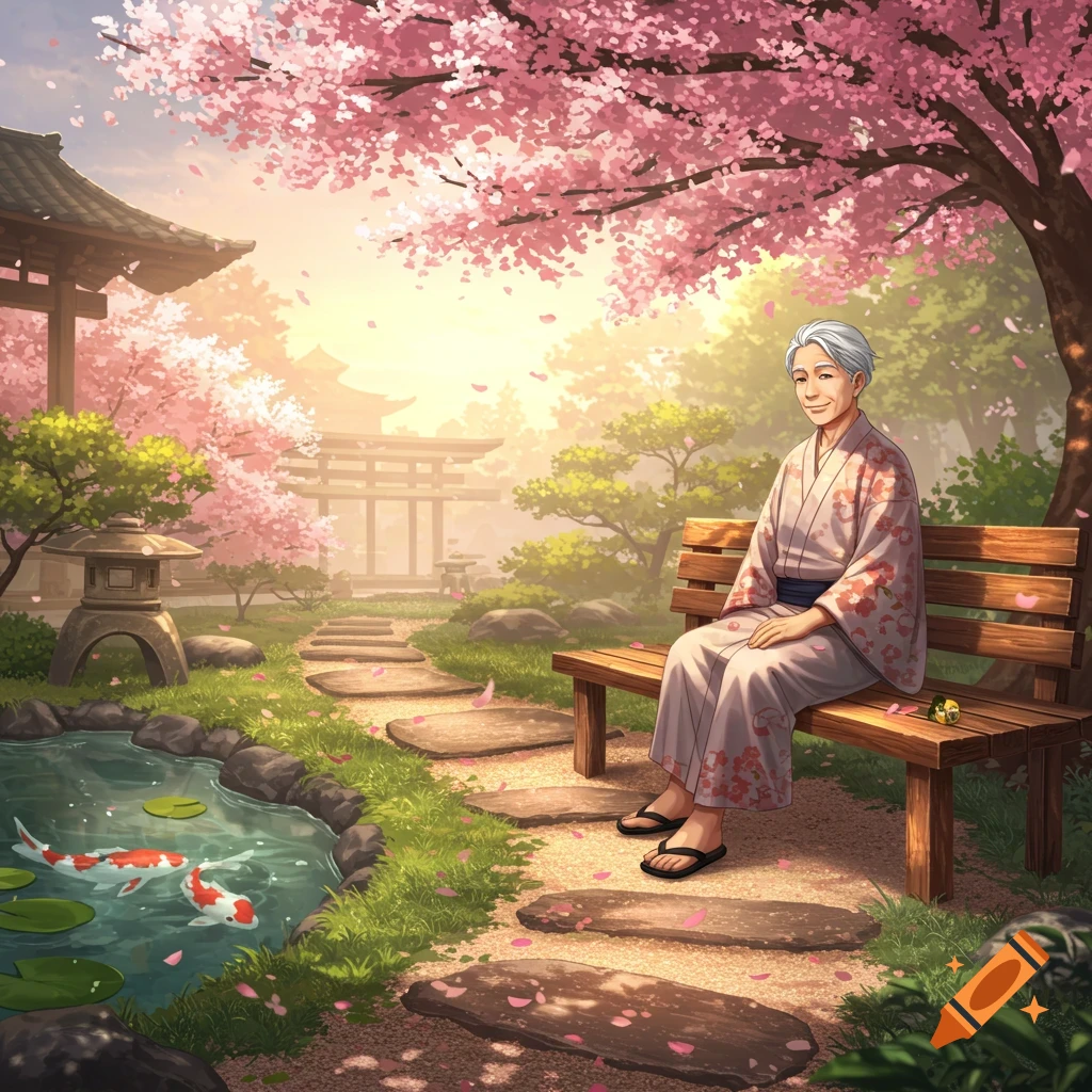 Traditional Japanese building with cherry blossoms, wooden bridge over ...