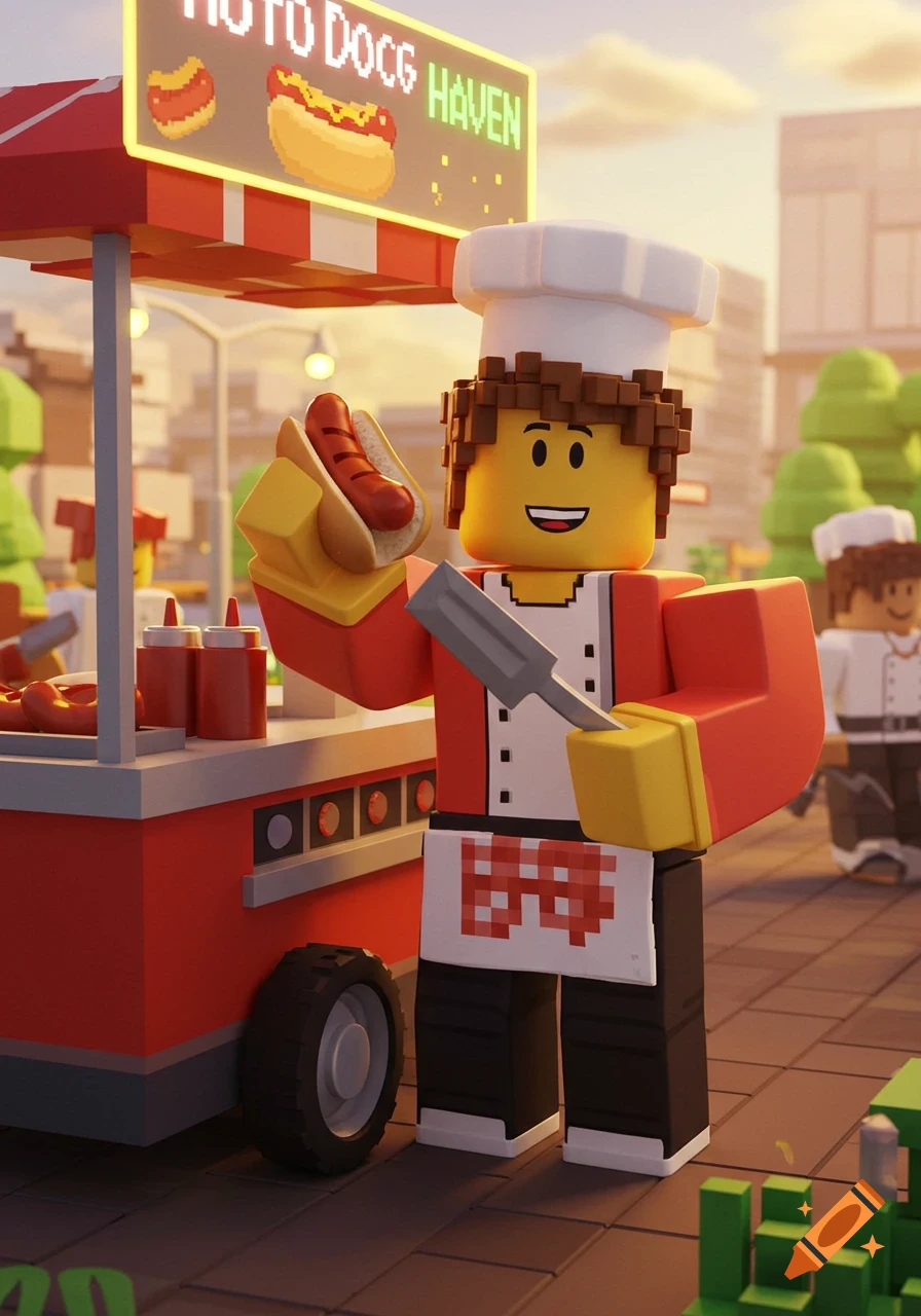 A blocky Roblox-style chef in a white hat and apron holds up a hot dog ...