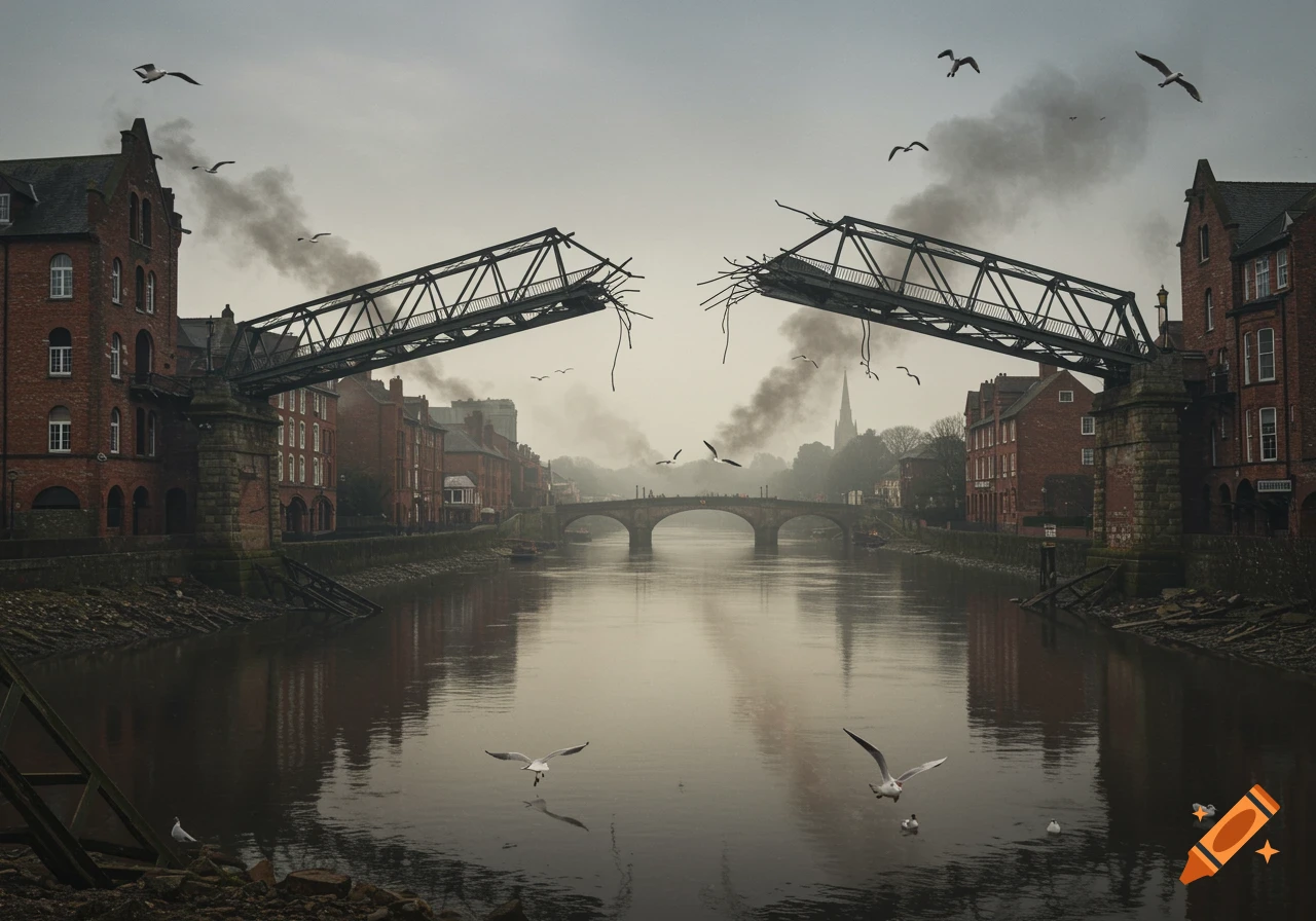 Photorealistic image of a broken bridge over a river in a city, with ...