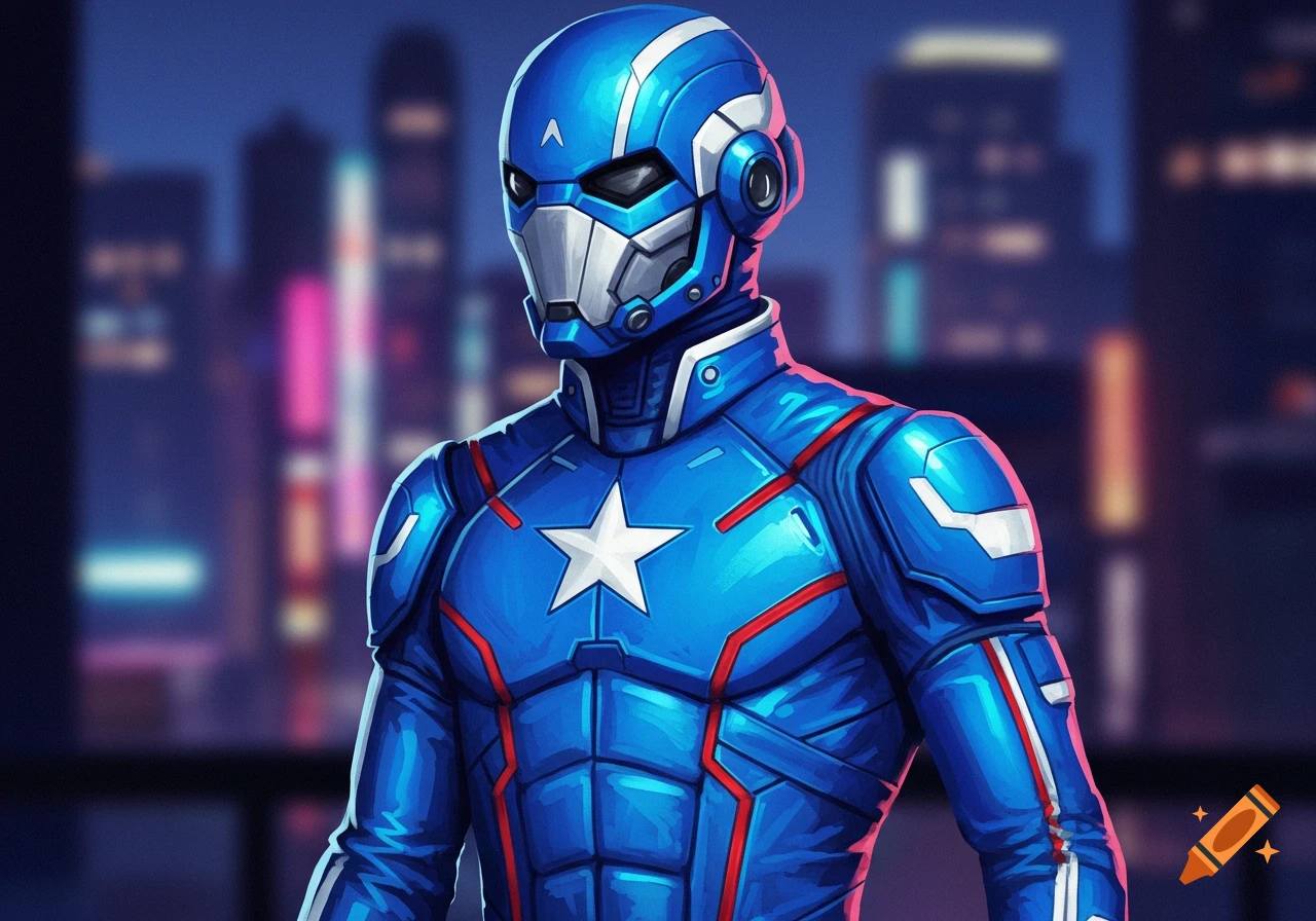 A red and black armored superhero holds a sparking drill and a glowing ...