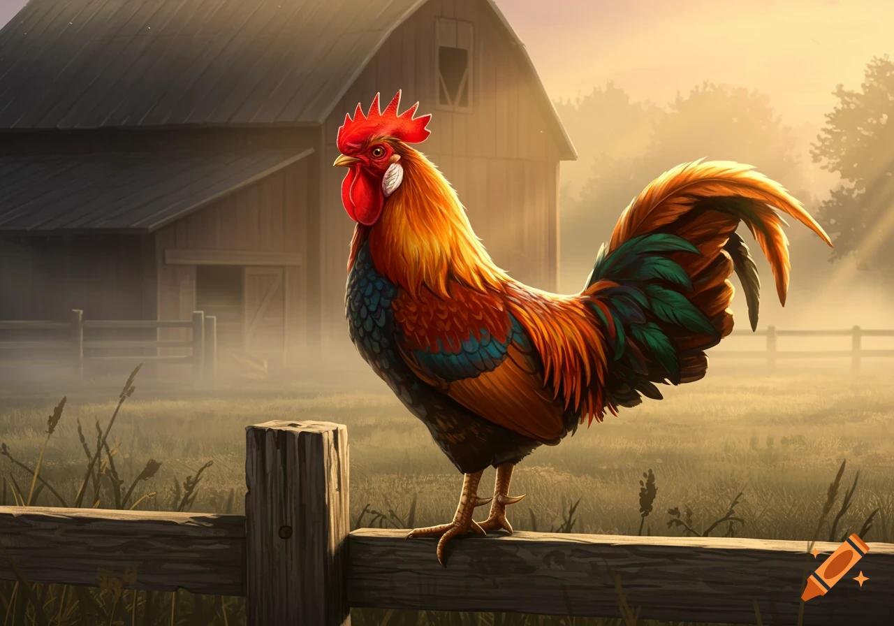 A colorful rooster with red comb and wattle stands on a wooden fence ...