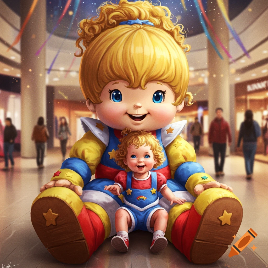 A smiling toddler girl sits on the lap of a large, colorful Rainbow ...