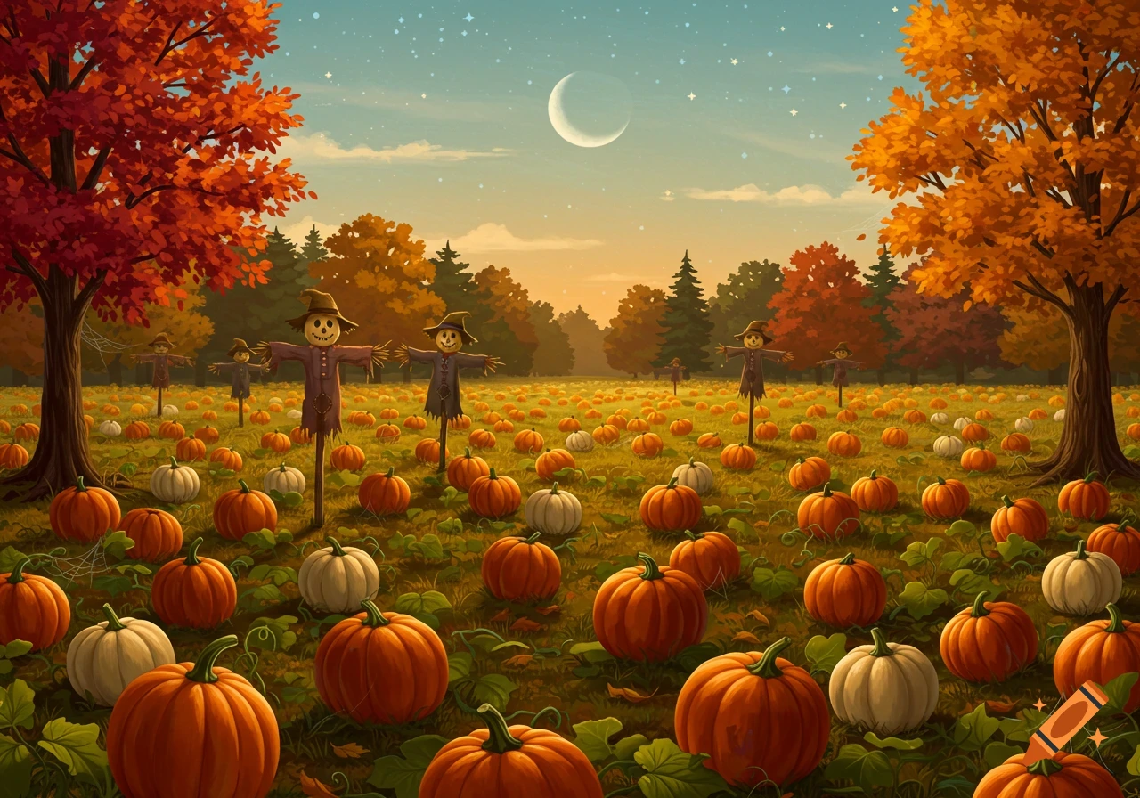 A vibrant autumn pumpkin patch scene with numerous orange and white ...