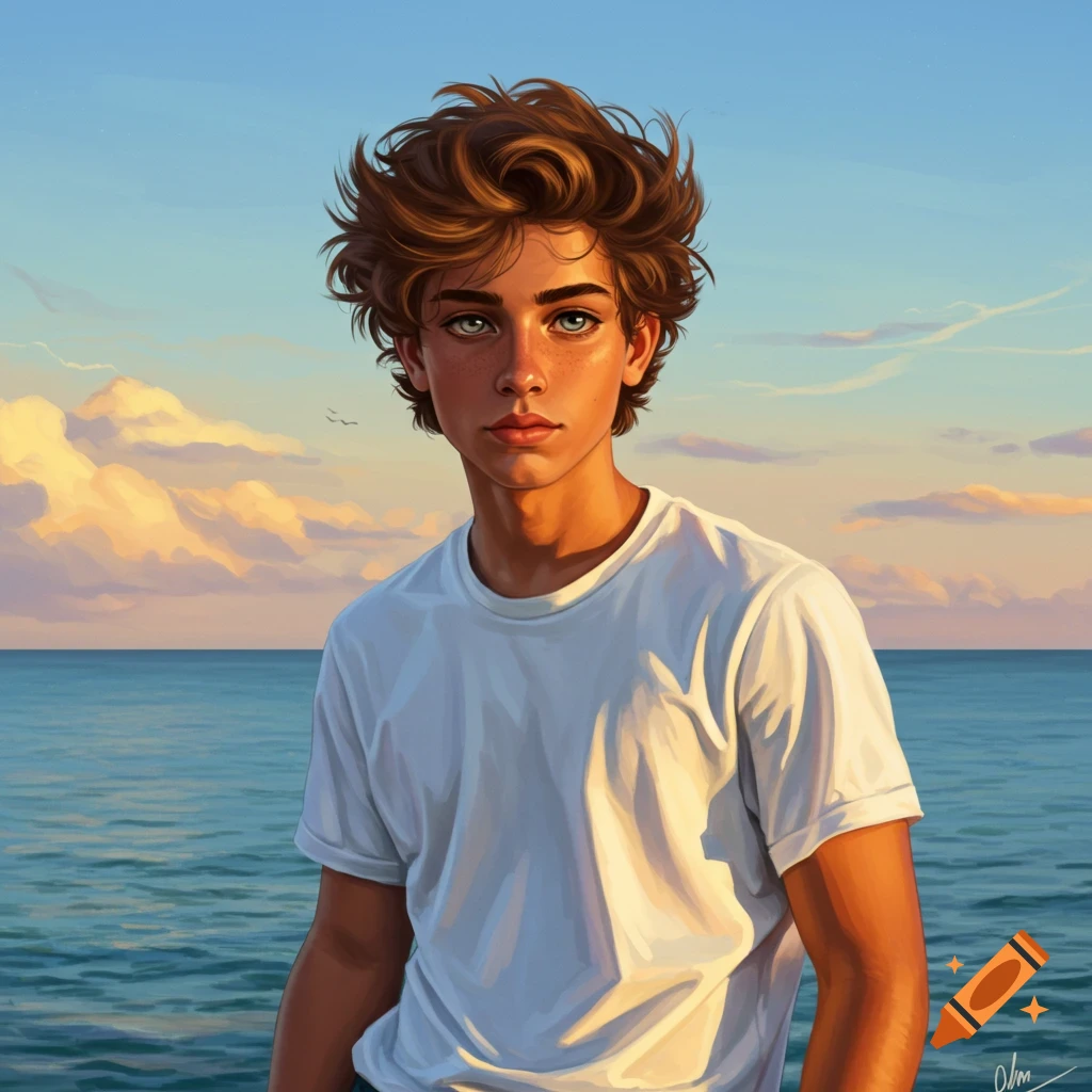 A sad, pale-skinned blonde youth stands on a beach with two sleeping ...