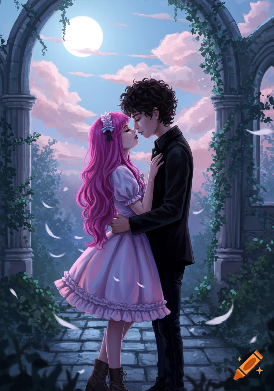 An anime-style goth couple embracing under a moonlit stone arch, with a ...