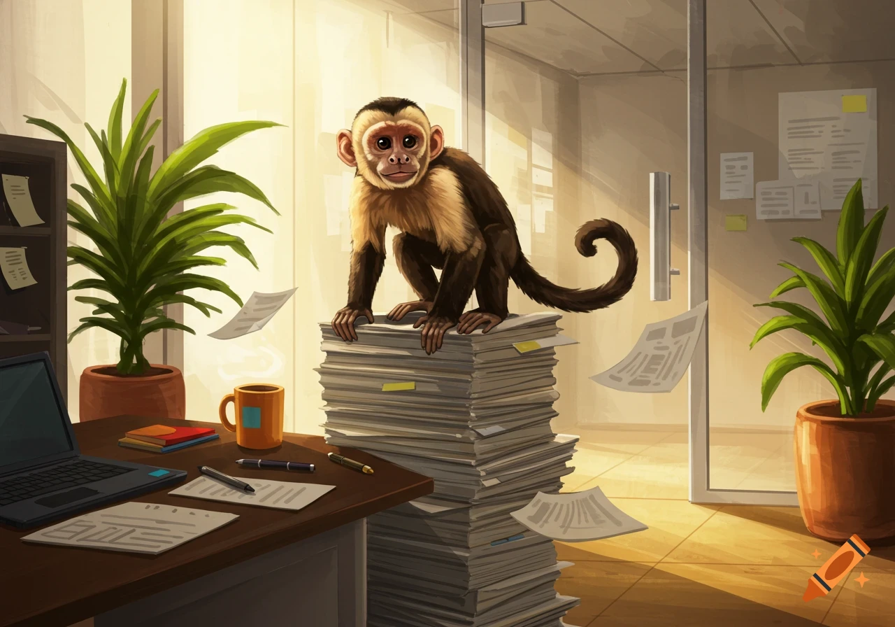 An illustrated monkey sits atop a huge stack of papers in a sunlit ...
