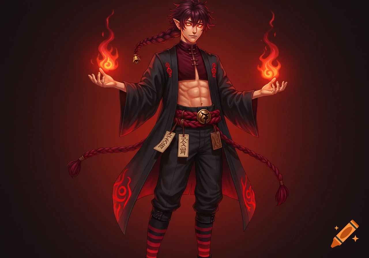 Anime male character with black spiky hair, pink eyes, fire symbols on ...