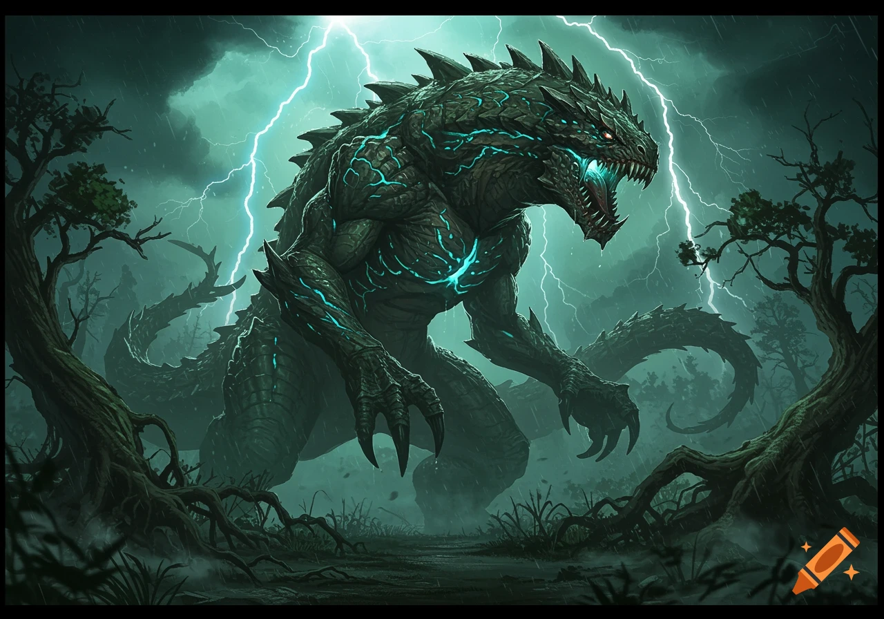 A terrifying eldritch monster with many glowing green eyes, made of ...