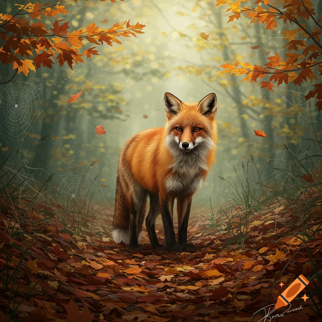 A photorealistic red fox stands on a leaf-covered path in an autumn forest. on Craiyon