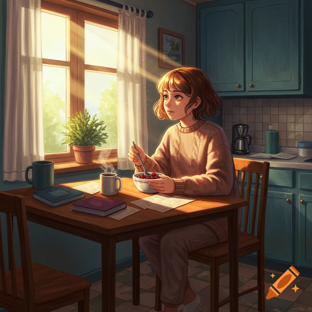 An anime-style girl with short brown hair sits at a kitchen table ...