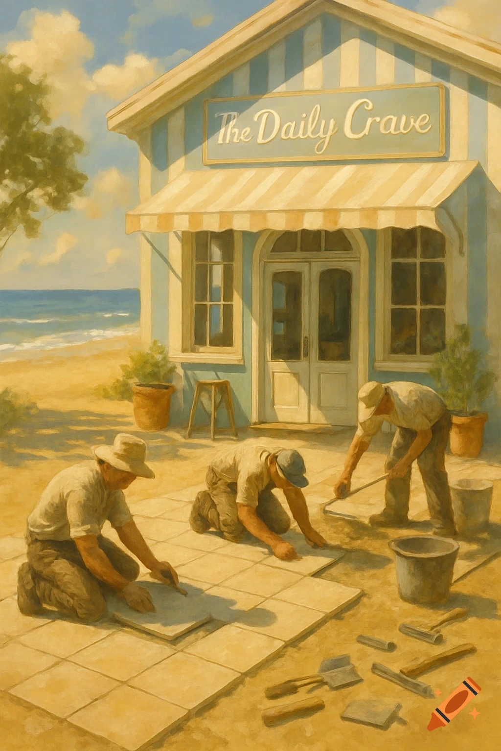 Three men lay tiles in front of a light blue and white striped cafe ...